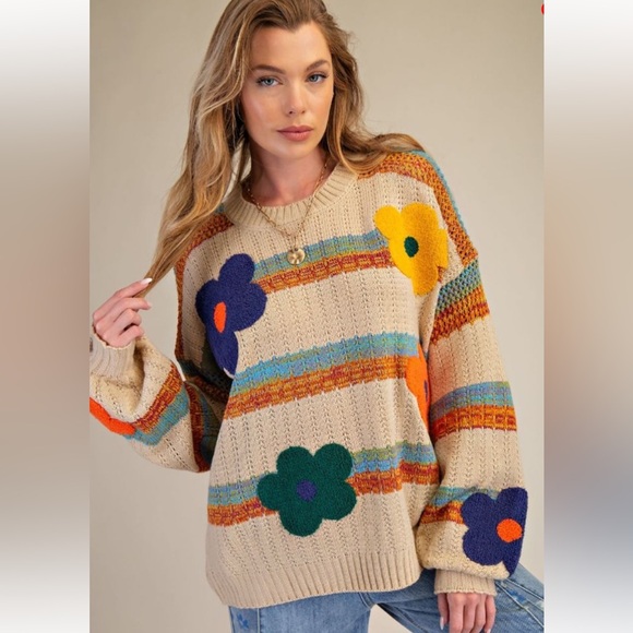 easel | Sweaters | 8 1 Left Easel Striped Flower Patch Knit ...